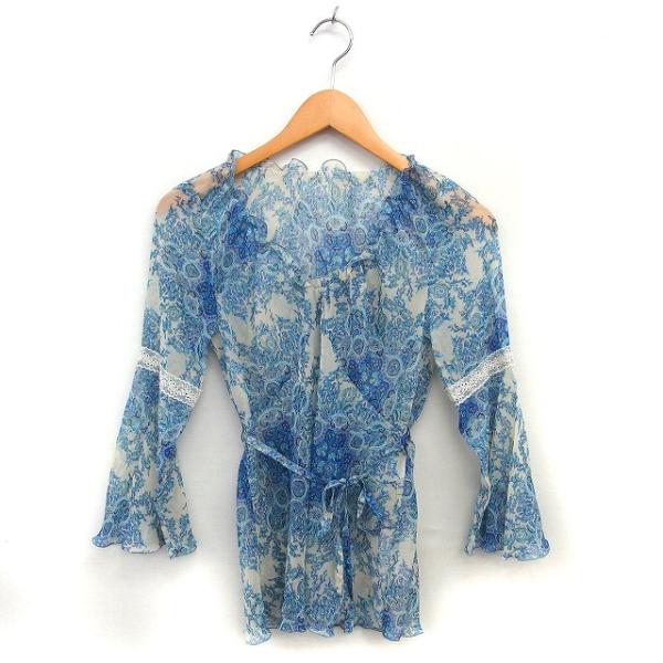 未使用品 cree I'horaire タグ付き シフォン シアー ブラウス リボン レース プリント 長袖 38 青 ブルー /NT31 レディース【表記サイズ】38【実寸サイズ】肩幅：約35cm　身幅：約46.5cm　袖丈：約50cm　...