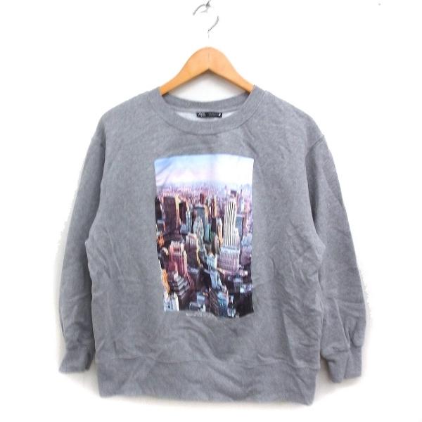ザラ ZARA プリント スウェット トレーナー 裏起毛 コットン 綿 L グレー 灰 /FT36 レディース【ブランド】ザラ ZARA【表記サイズ】EUR LUSA LMEX 30【実寸サイズ】肩幅：約48cm　身幅：約58cm　袖丈：約...
