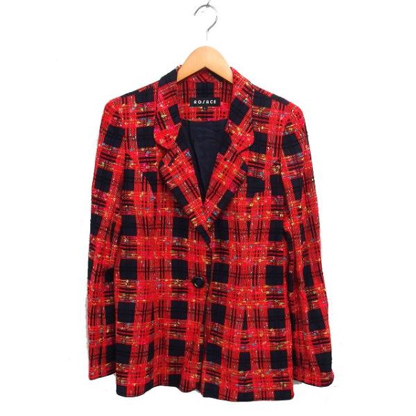 ローザス ROSACE ツイード テーラード ジャケット スリット 総裏地 ウール混 2 赤 レッド /NT27 レディース【表記サイズ】2【実寸サイズ】肩幅：約39.5cm　身幅：約49cm　袖丈：約61cm　着丈：約67cm　　【素材】...