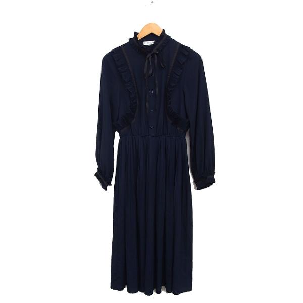 リシュ LICEU ラッフル プリーツ ワンピース 長袖 ロング丈 リボンネック 38 ネイビー 紺 /FT48 レディース【表記サイズ】38【実寸サイズ】肩幅：約36cm　身幅：約44cm　袖丈：約60cm　総丈：約120cm　　【素材】...