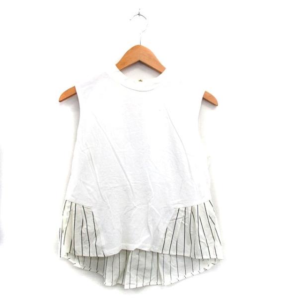 リリーリーン LILLY LYNQUE カットソー Tシャツ ノースリーブ フレア コットン ストライプ 38 ホワイト 白 /KT27 レディース【表記サイズ】38【実寸サイズ】身幅：約41cm　総丈：約57cm　　【素材】綿100％　後...