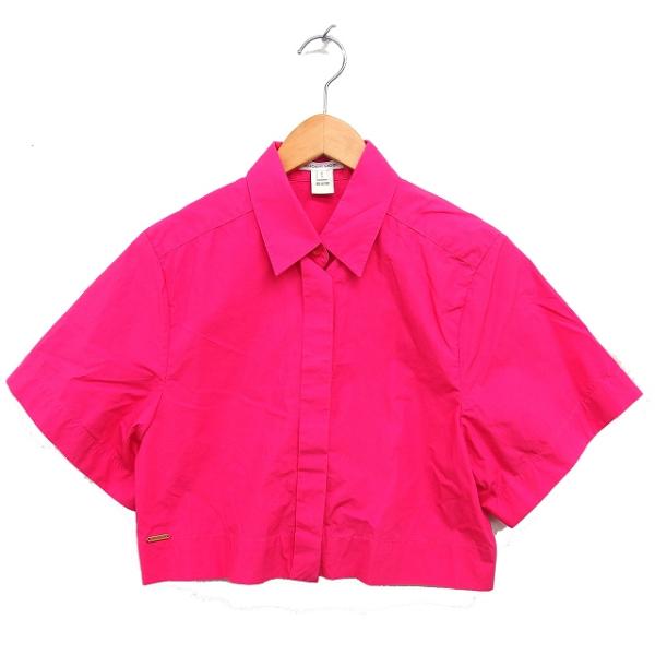 クーン・ホイ KHOON HOOI クロップド シャツ ブラウス スカート タック コットン 綿 比翼仕立て 五分袖 3 ショッキングピンク /NT6【表記サイズ】3【実寸サイズ】肩幅：約40cm　身幅：約49cm　袖丈：約22cm　着丈：...