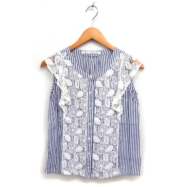 ポルテデブトン Porter des boutons ストライプ レース ノースリーブ シャツ ブラウス コットン 綿 紺 ネイビー /NT16 レディース【表記サイズ】表記なし実寸サイズをご確認ください【実寸サイズ】身幅：約45cm　着丈...