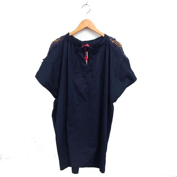 未使用品 コルソロッソ CORSO ROSSO タグ付き レース ワンピース ひざ上 ゆったり リボン ギャザー 五分袖 L 紺 ネイビー /NT32 レディース【表記サイズ】4（L）【実寸サイズ】身幅：約73cm　総丈：約89cm　ゆき丈...