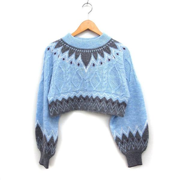ファーファー furfur ショート丈 ニット セーター 長袖 総柄 丸ヨーク編み モヘヤ混 F ブルー 青 /FT11 レディース【ブランド】ファーファー furfur【表記サイズ】F（ONE SIZE）【実寸サイズ】身幅：約54cm　着...
