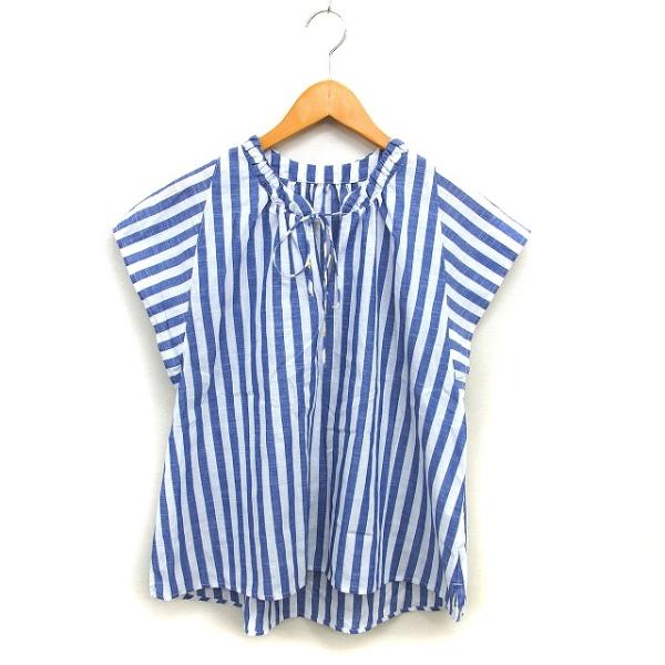 ギブリコレクション give re collection ストライプ ブラウス リボン コットン混 バックロング 透け感 半袖 M 青 ブルー /NT14 レディース【表記サイズ】Mバスト：79〜87身長：154〜162【実寸サイズ】身幅：...