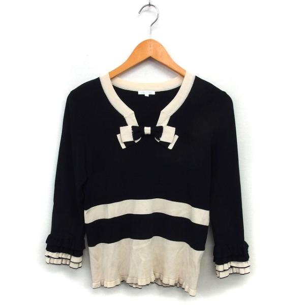トゥービーシック TO BE CHIC ニット ブラウス リボン フリル ボーダー ハイゲージ 長袖 V 黒 ブラック /NT24 レディース【ブランド】トゥービーシック TO BE CHIC【表記サイズ】V【実寸サイズ】肩幅：約37cm　...