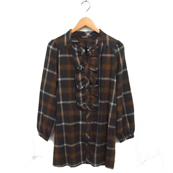 ナチュラルクチュール natural couture フリル チェック ロング シャツ ブラウス ウール混 長袖 茶 ブラウン /NT29 レディース【表記サイズ】表記なし実寸サイズをご確認ください【実寸サイズ】肩幅：約37cm　身幅：約5...