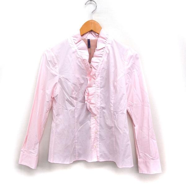未使用品 NYDJ タグ付き フリル シャツ ブラウス 長袖 無地 メッシュ裏地付き 38 ピンク /FT3 レディース【表記サイズ】38【実寸サイズ】肩幅：約38cm　身幅：約46cm　袖丈：約59cm　着丈：約57cm　　【素材】綿95...