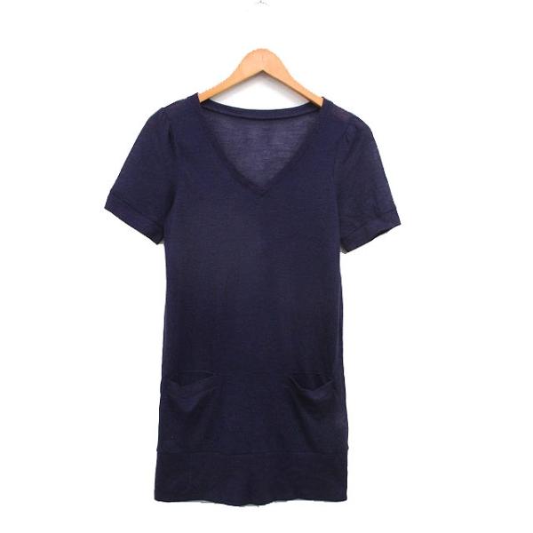 Geride ニット チュニック 半袖 Vネック シンプル F パープル 紫 /KT4 レディース【表記サイズ】F【実寸サイズ】肩幅：約35cm　身幅：約41cm　着丈：約72cm　袖丈：約21cm　　【素材】アクリル80％、ウール20％　...