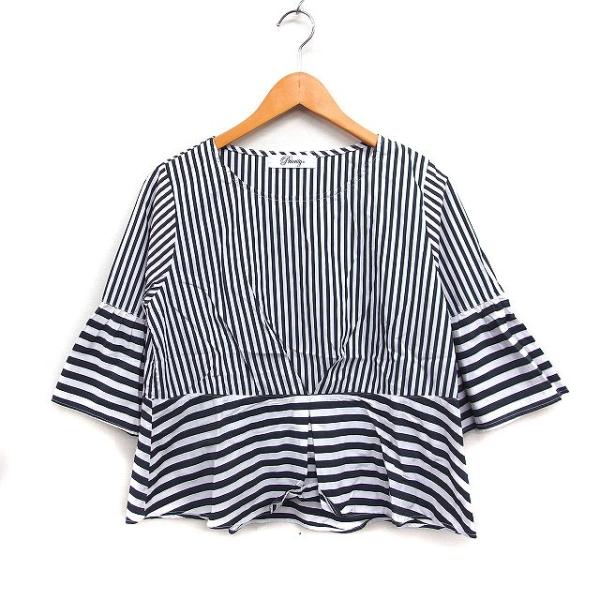 プライオリティ Priority ストライプ ブラウス 7分袖 フレアスリーブ ペプラム コットン 38 チャコール ホワイト 白 /FT33 レディース【表記サイズ】38【実寸サイズ】肩幅：約36cm　身幅：約50cm　袖丈：約38cm　...