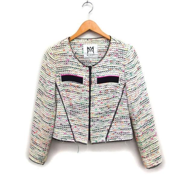 ミリー milly ツイード ノーカラー ジャケット ジップアップ 6 オフホワイト 白 /FT17 レディース【ブランド】ミリー milly【表記サイズ】6【実寸サイズ】肩幅：約38cm　身幅：約44cm　袖丈：約59cm　着丈：約45c...