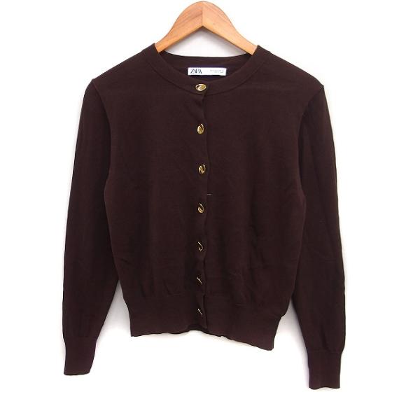 ザラ ZARA コットン ニット カーディガン 丸首 無地 金ボタン S ブラウン 茶 /FT43 レディース【ブランド】ザラ ZARA【表記サイズ】EUR SUSA SMEX 26【実寸サイズ】肩幅：38cm　身幅：46cm　着丈：52c...