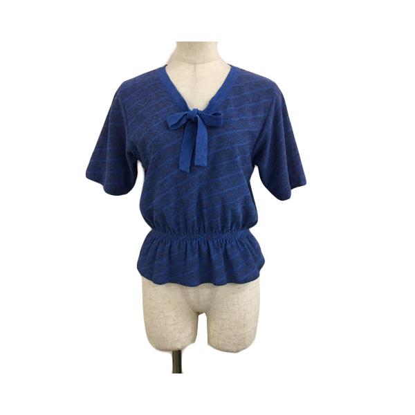 アデンダ Addenda カットソー ニット プルオーバー ボウタイ リボン ボーダー ペプラム 半袖 青 茶 ブルー ブラウン レディース【表記サイズ】表記タグがございません。(実寸サイズをご確認ください。)【実寸サイズ】肩幅：37cm　...