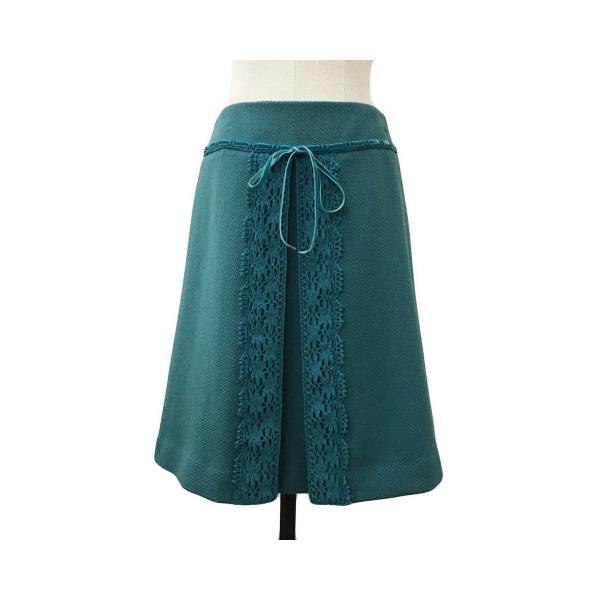 ジュスカジネット Jusqu'a ginette スカート 台形 膝丈 ボックスプリーツ レース リボン ウール 38 緑 グリーン レディース【表記サイズ】38(実寸サイズをご確認ください。)【実寸サイズ】ウエスト：65cm　ヒップ：94...