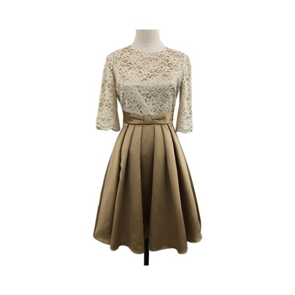 エメアンシェ aimer anche ワンピース フレア ひざ丈 切替 レース サテン 五分袖 9号 茶 ベージュ ブラウン レディース【表記サイズ】9号(実寸サイズをご確認ください。)【実寸サイズ】肩幅：34cm　身幅：38cm　袖丈：3...