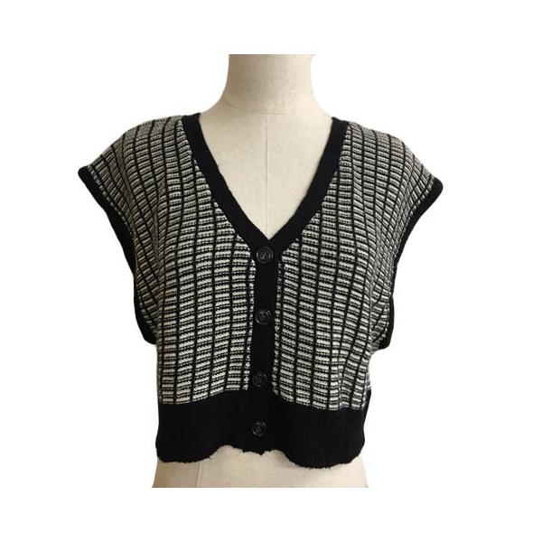 ナイスクラップ NICE CLAUP continuer de ベスト ニット Vネック チェック ショート F 黒 白 ブラック ホワイト レディース【ブランド】ナイスクラップ NICE CLAUP【表記サイズ】F(実寸サイズをご確認くだ...