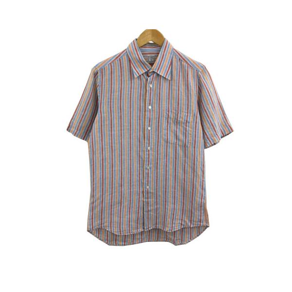 ヴィクトワールオム VICTOIRE HOMMES シャツ カジュアル スタンダード ストライプ リネン 半袖 L 赤 水色 レッド ライトブルー メンズ【表記サイズ】L【実寸サイズ】肩幅：42cm　身幅：50cm　着丈：80cm　袖丈：2...