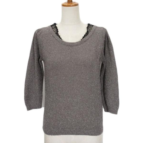 未使用品 リリエ ド ミュー ミニマム Relier de miu minimum カットソー ニット Vネック レース ラメ 七分袖 38 グレー レディース【表記サイズ】38/M【実寸サイズ】肩幅：36cm　身幅：42cm　袖丈：42c...