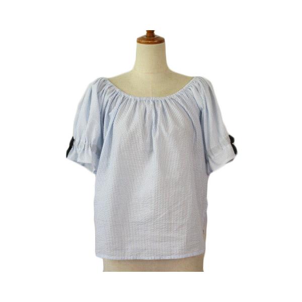 ウェイリーゼン WEILI ZHENG カットソー ストライプ オフショルダー リボン シアサッカー 水色 ブルー レディース【表記サイズ】表記なし（実寸サイズをご確認ください）【実寸サイズ】身幅：48cm　着丈：56cm　ゆき丈：46cm...