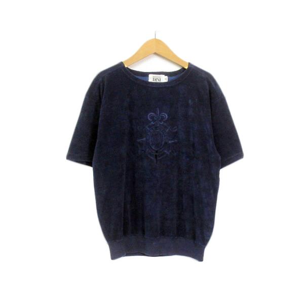 MASSIMO DINI マッシモディーニ カットソー パイル 刺繍 半袖 M 紺 ネイビー レディース【表記サイズ】M【実寸サイズ】身幅：50cm　着丈：59cm　ゆき丈：46cm　　【素材】綿80% ポリエステル20%【色】紺 ネイビー...