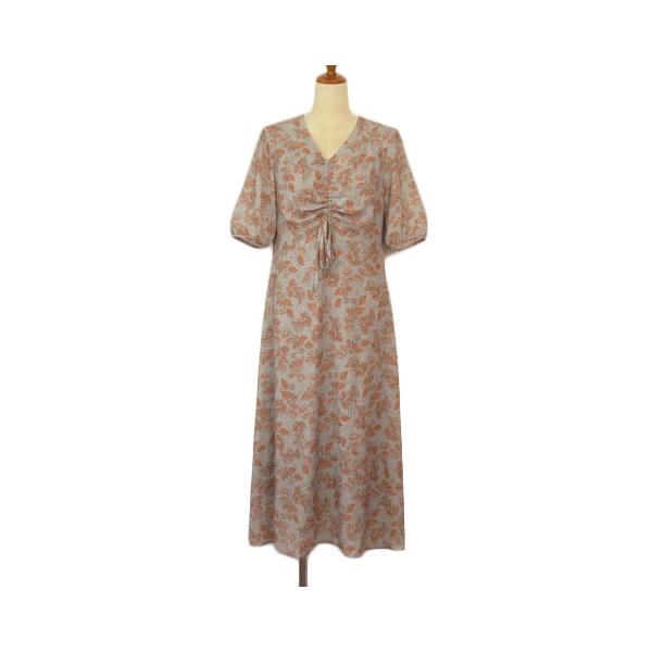 DHC Deveaux デヴォー ワンピース フレア Vネック リボン リーフ柄 シフォン 11 グレー レディース【表記サイズ】11【実寸サイズ】肩幅：39cm　身幅：48cm　袖丈：30cm　着丈：120cm　　【素材】表地 ポリエステ...