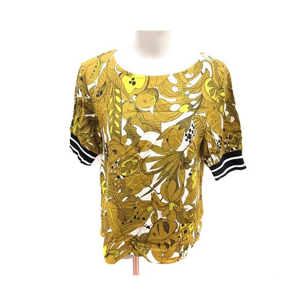 ザンパ ZAMPA Reul Cu シャツ 半袖 総柄 麻混 リネン混 M カーキ /RT レディース【ブランド】ザンパ ZAMPA【表記サイズ】M【実寸サイズ】肩幅：約40cm　身幅：約45cm　着丈：約60cm　袖丈：約28cm　　【素...