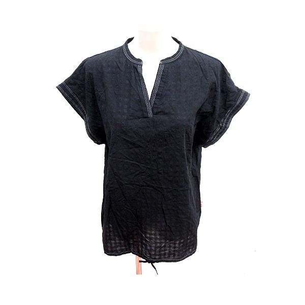 ジャバ JaVa シャツ ブラウス スキッパーカラー 半袖 総柄 M 黒 ブラック /RT レディース【表記サイズ】M【実寸サイズ】身幅：約52cm　着丈：約65〜67cm　ゆき丈：約34cm　　【素材】綿64％ポリエステル36％　【色】黒...