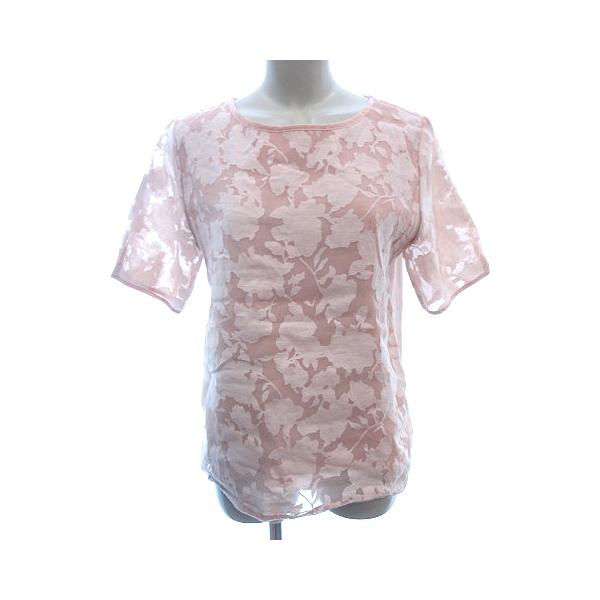 エレメントオブシンプルライフ element of SIMPLE LIFE シャツ ブラウス カットソー ボートネック オーガンジー 総柄 五分袖 L ピンク【表記サイズ】L【実寸サイズ】肩幅：約36cm　身幅：約49cm　着丈：約59cm...