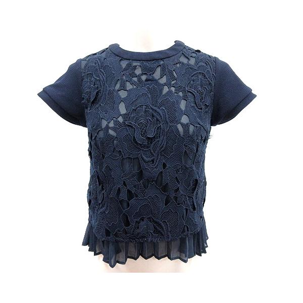 リリーブラウン Lily Brown カットソー Uネック 半袖 総柄 F 紺 ネイビー /RT レディース【ブランド】リリーブラウン Lily Brown【表記サイズ】F【実寸サイズ】肩幅：約33cm　身幅：約42cm　着丈：約50.5c...