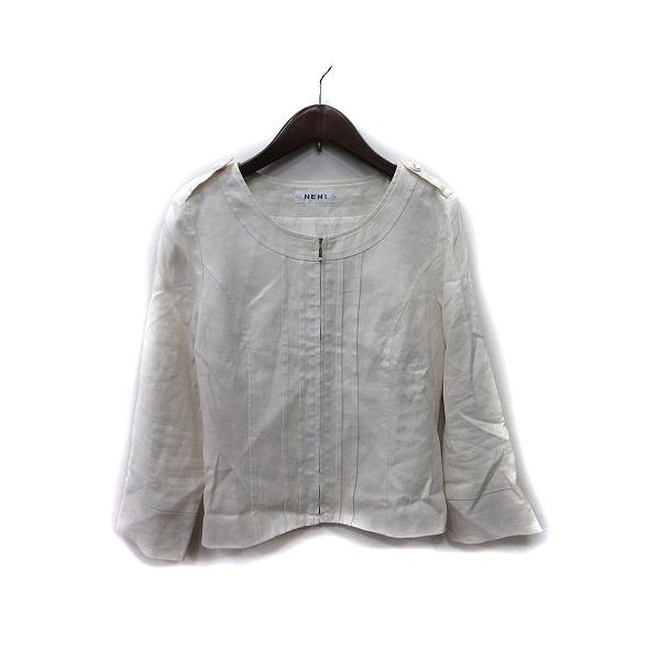 ネーミ NEMI ノーカラージャケット 総裏地 ジップアップ 麻 リネン 11AR L 白 ホワイト /YI  レディース【ブランド】ネーミ NEMI【表記サイズ】L【実寸サイズ】肩幅：約35cm　身幅：約44cm　袖丈：約48cm　着丈：...