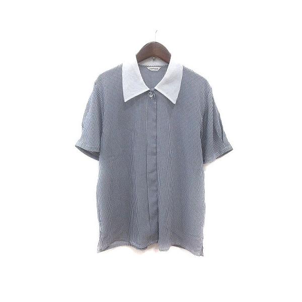カンティーク cantique シャツ ギンガムチェック 半袖 紺 ネイビー 白 ホワイト /MS ●RY レディース【表記サイズ】サイズ表記なし(実寸サイズをご覧ください)【実寸サイズ】肩幅：約40cm　身幅：約51cm　着丈：約65cm...
