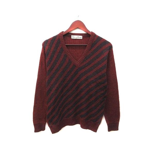 オスカーデラレンタ Oscar de la Renta ニット セーター Vネック ボーダー 長袖 M 赤 レッド 紺 ネイビー 緑 グリーン /MS ●RY メンズ【表記サイズ】M【実寸サイズ】肩幅：約46cm　身幅：約50cm　着丈：約...