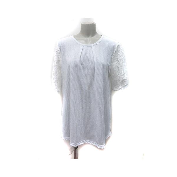 未使用品 アンプリア ampliar カットソー 半袖 切替 レース シアー M-L 白 ホワイト /YI ●RY レディース【表記サイズ】M-L【実寸サイズ】肩幅：約37cm　身幅：約50cm　着丈：約62cm　袖丈：約27cm　　【素材...