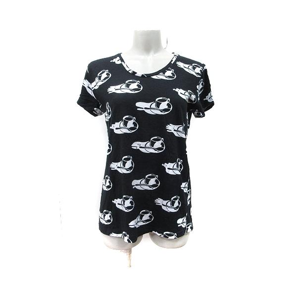 デヴァステ DEVASTEE カットソー 半袖 総柄 M 黒 ブラック /YI レディース【表記サイズ】M【実寸サイズ】肩幅：約39cm　身幅：約45cm　着丈：約55cm　袖丈：約13cm　　【素材】綿 100％【色】ブラック【状態】ごく...