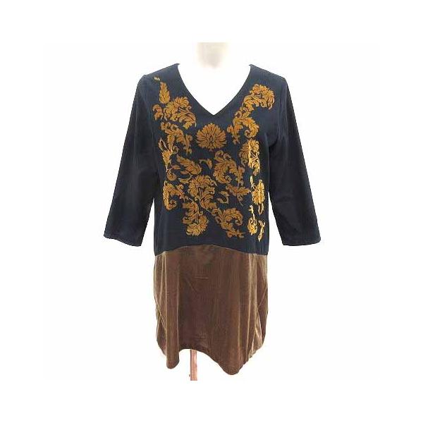 マリエル&amp;マキュリア MURIEL&amp;MERCURIA ワンピース ミニ ドッキング フェイクスエード ベロア 総柄 長袖 38 M 紺 ネイビー ベージュ /YK レディース【表記サイズ】38（日本サイズM程度）【実寸サイズ...