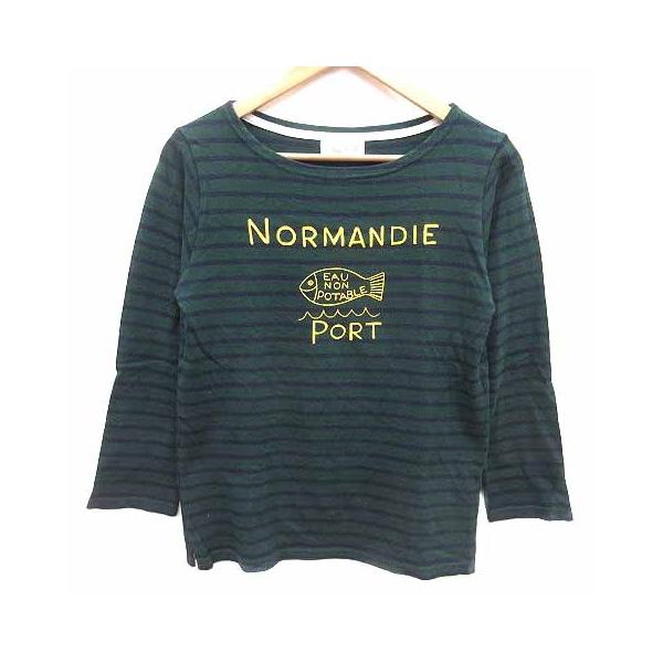 クリップタブ Clip.tab Tシャツ カットソー クルーネック ボーダー 七分袖 2 M 緑 グリーン 紺 ネイビー /YK レディース【表記サイズ】2（日本サイズM程度）【実寸サイズ】肩幅：約37cm　身幅：約43cm　着丈：約56c...