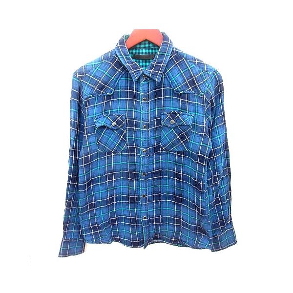 エルエーマート THE L.A MART シャツ 長袖 チェック L 青 ブルー /RT メンズ【表記サイズ】L【実寸サイズ】肩幅：約43cm　身幅：約48cm　着丈：約67cm　袖丈：約61cm　　【素材】綿100％【色】青【仕様】スナッ...