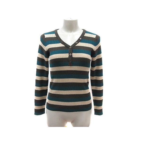 ルガールカレサン Regard caressant ニット カットソー リブ ボーダー 長袖 M 緑 グリーン 茶 ブラウン ベージュ /MS レディース【表記サイズ】M【実寸サイズ】肩幅：約33cm　身幅：約35〜cm　着丈：約55cm　...