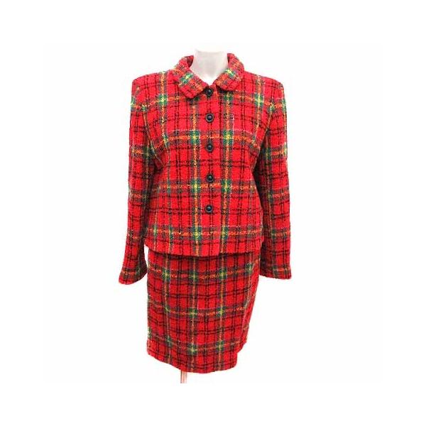 パリエンヌ PARIENNE スーツ セットアップ ステンカラージャケット タイトスカート ミニ ツイード ウール 9 M 赤 緑 /YK レディース【表記サイズ】9（日本サイズM程度）【実寸サイズ】ジャケット 肩幅：約39cm　ジャケット...