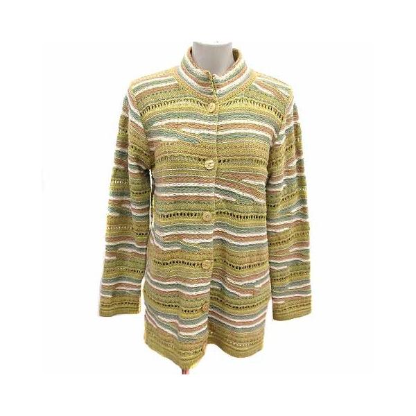 トロワドゥアン TROIS DEUX UN カーディガン ニット カギ編み 長袖 M〜L 黄緑 ライトグリーン /YK ●RY レディース【表記サイズ】M〜L【実寸サイズ】肩幅：約36cm　身幅：約47cm　着丈：約66.5cm　袖丈：約5...
