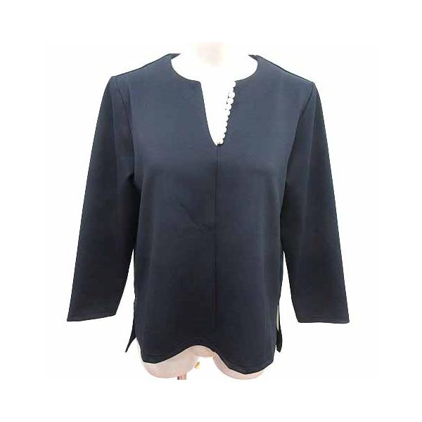 未使用品 ユアーズ urs Know Your Rights カットソー キーネック パール 長袖 M 紺 ネイビー /YK レディース【表記サイズ】M【実寸サイズ】肩幅：約36cm　身幅：約48cm　着丈：約60cm　袖丈：約49cm　　...