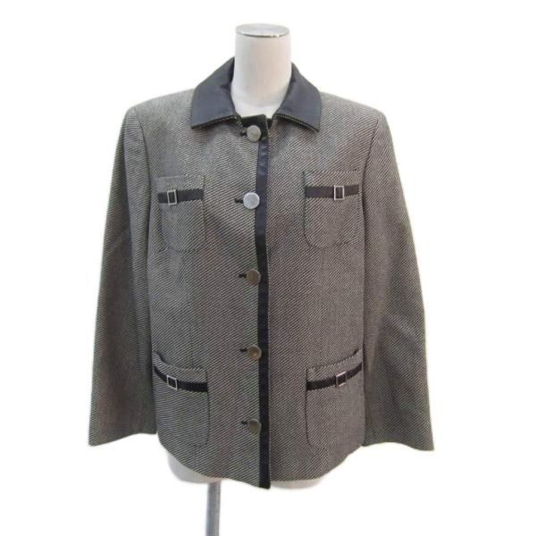 マルリス MARLY'S ステンカラージャケット ミドル丈 総柄 切替 レザー ウール シルク混 44 XXL ベージュ /SY19 ■GY58 レディース【表記サイズ】44（日本サイズXXL相当）【実寸サイズ】肩幅：40cm　身幅：51c...