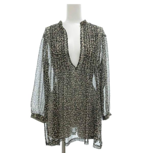 ダンローヴィサヴィスフィユオウポアル dans leau vis a vis シアーシャツ ブラウス プリーツ レオパード柄 総柄 9 黒 ブラック【表記サイズ】9AR【実寸サイズ】肩幅：42cm　身幅：54cm　袖丈：49cm　着丈：70...