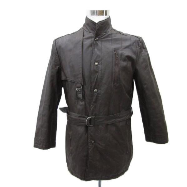 シーザー CAESAR カウレザージャケット 革ジャン L ブラウン ベルト付き スタンドカラー ミドル丈 957K05 /YS48 ■GY61 メンズ【表記サイズ】L【実寸サイズ】肩幅：44cm　身幅：53cm　袖丈：58cm　着丈：79...