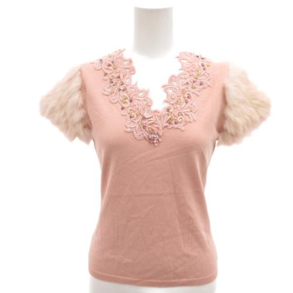 ヒコルヒラー hicole hiller ニット 絹 シルク XL ピンク Vネック レース ビーズ装飾 ファー袖 半袖  /SJ ■GY58 レディース【ブランド】ヒコルヒラー hicole hiller【表記サイズ】XL【実寸サイズ】肩...