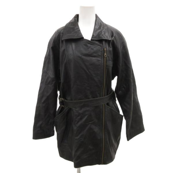 ツァイトガイスト ZEIT GEIST レザーコート XXL 黒 ブラック アシンメトリージッパー 長袖 ベルト付き /SJ ■GY58 レディース【表記サイズ】XXL【実寸サイズ】身幅：51cm　着丈：73cm　ゆき丈：76cm　　【素材...