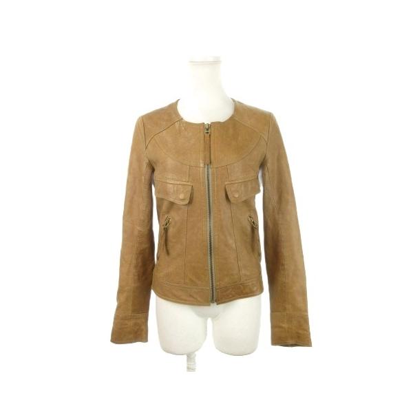 FERRARA レザージャケット ジップ 本革 ノーカラー 66 M 茶 ブラウン /AH28 ■GY58 レディース【表記サイズ】66M【実寸サイズ】肩幅：35cm　身幅：40cm　袖丈：59cm　着丈：49cm　　【素材】韓国語表記のた...