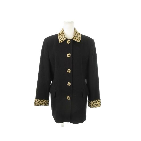 FERRAT ステンカラーコート 40 黒 ブラック レオパード柄 丸襟 長袖 /MN18 ■GY58 レディース【表記サイズ】40【実寸サイズ】肩幅：40cm　身幅：48cm　袖丈：56cm　着丈：71.5cm　　【素材】表地　アンゴラ　...