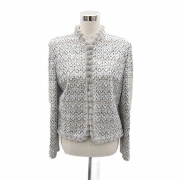 AUCH ノーカラージャケット 2 グレー Vネック ファー襟 総柄 前開き ミドル丈 /YS52 ■GY58 レディース【表記サイズ】2【実寸サイズ】肩幅：40cm　身幅：51cm　袖丈：61cm　着丈：54cm　　【素材】表地　アクリル...